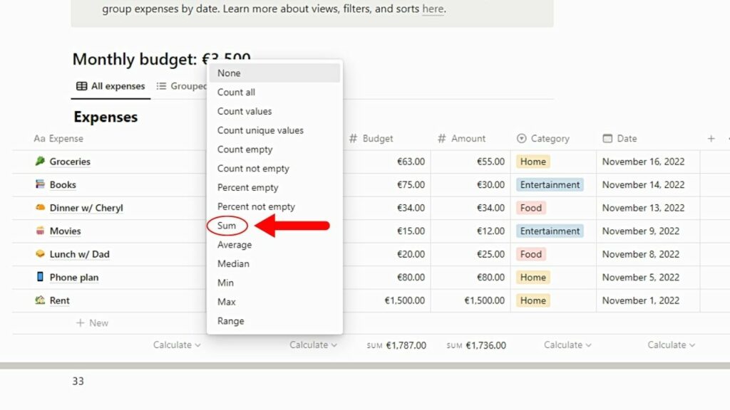 How to Sum a Column or Row in Notion
